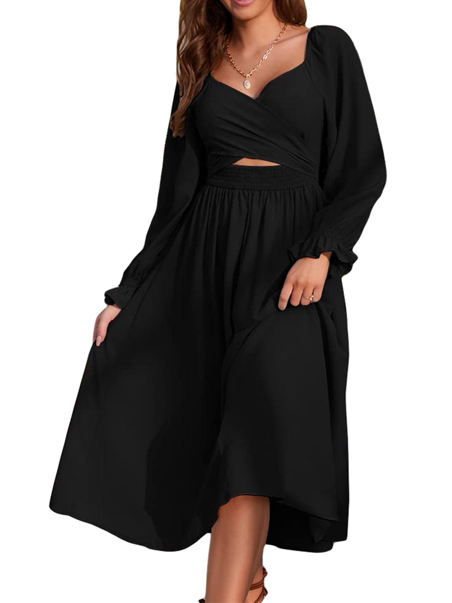 Women's Reversible Midi Dress, Long Puff Sleeve Tie Back Solid Color ...