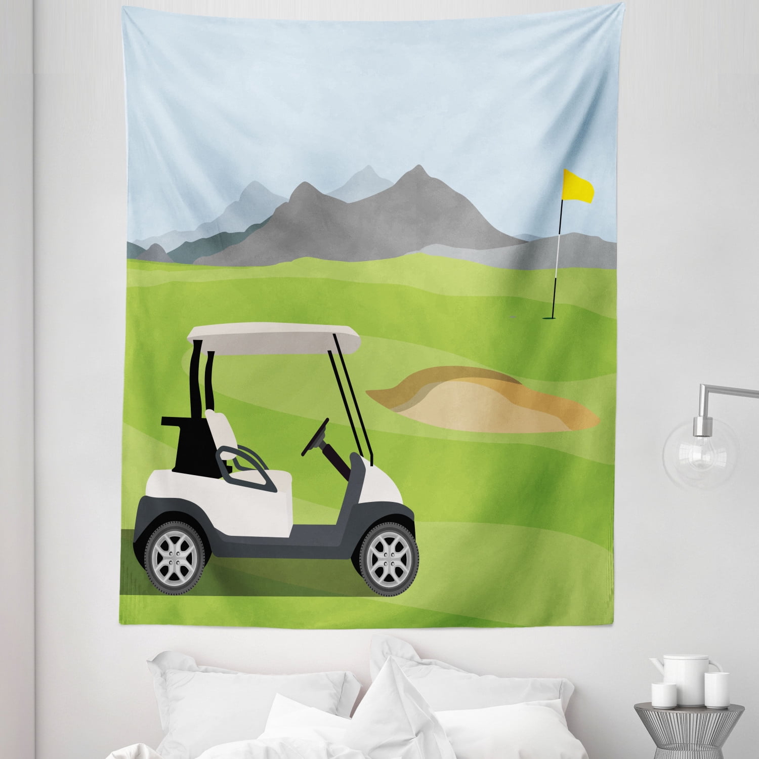 Golf Course Scene Tapestry, Cartoon Landscape with Car Field Mountains ...