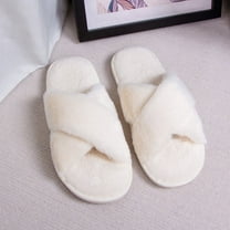 LORDFON Women's Fluffy Open Toe Slippers with Cross Band & Memory Foam, Non-Slip, Breathable ...
