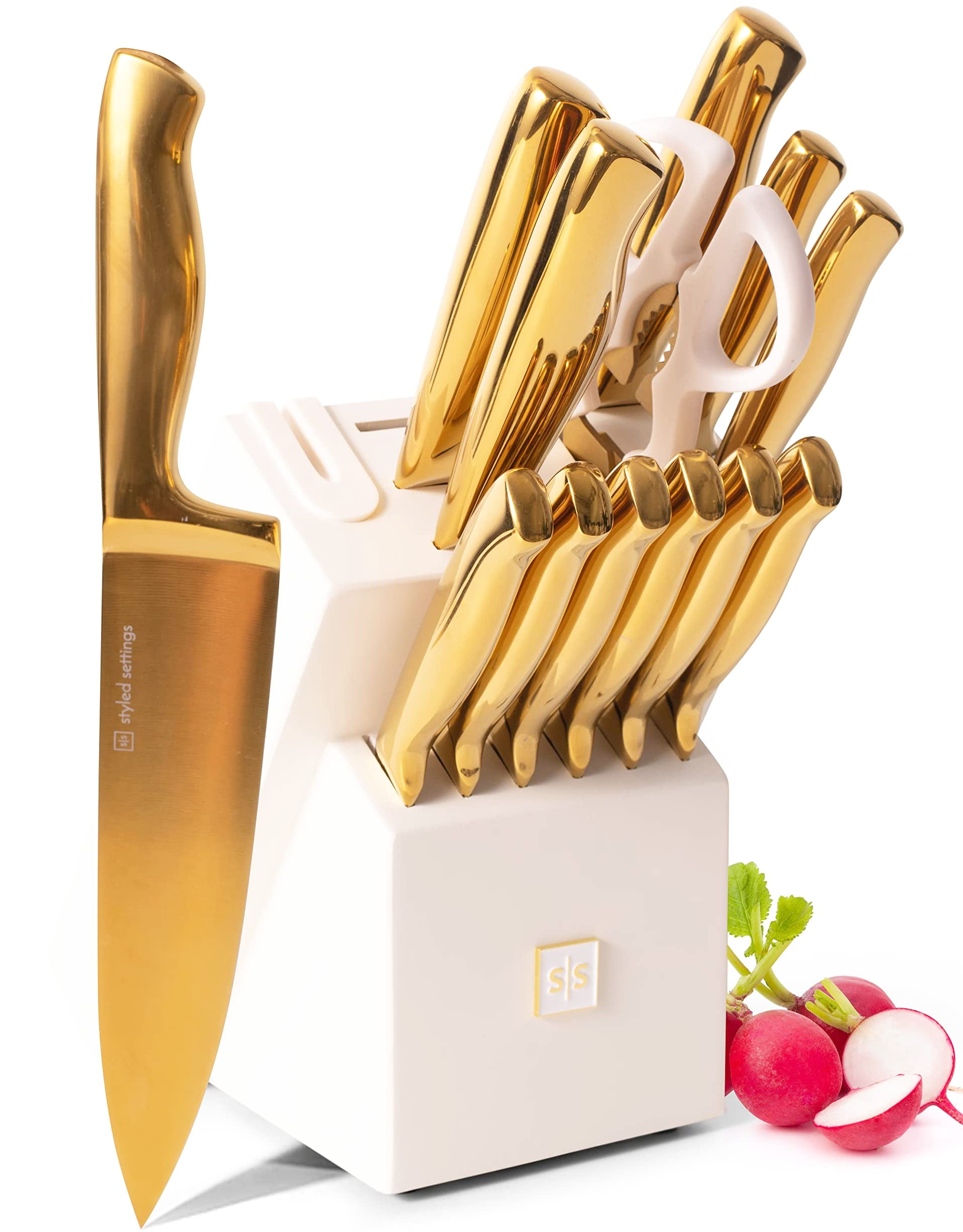 White and Gold Knife Set with Sharpener -14PC Self Sharpening Knife ...