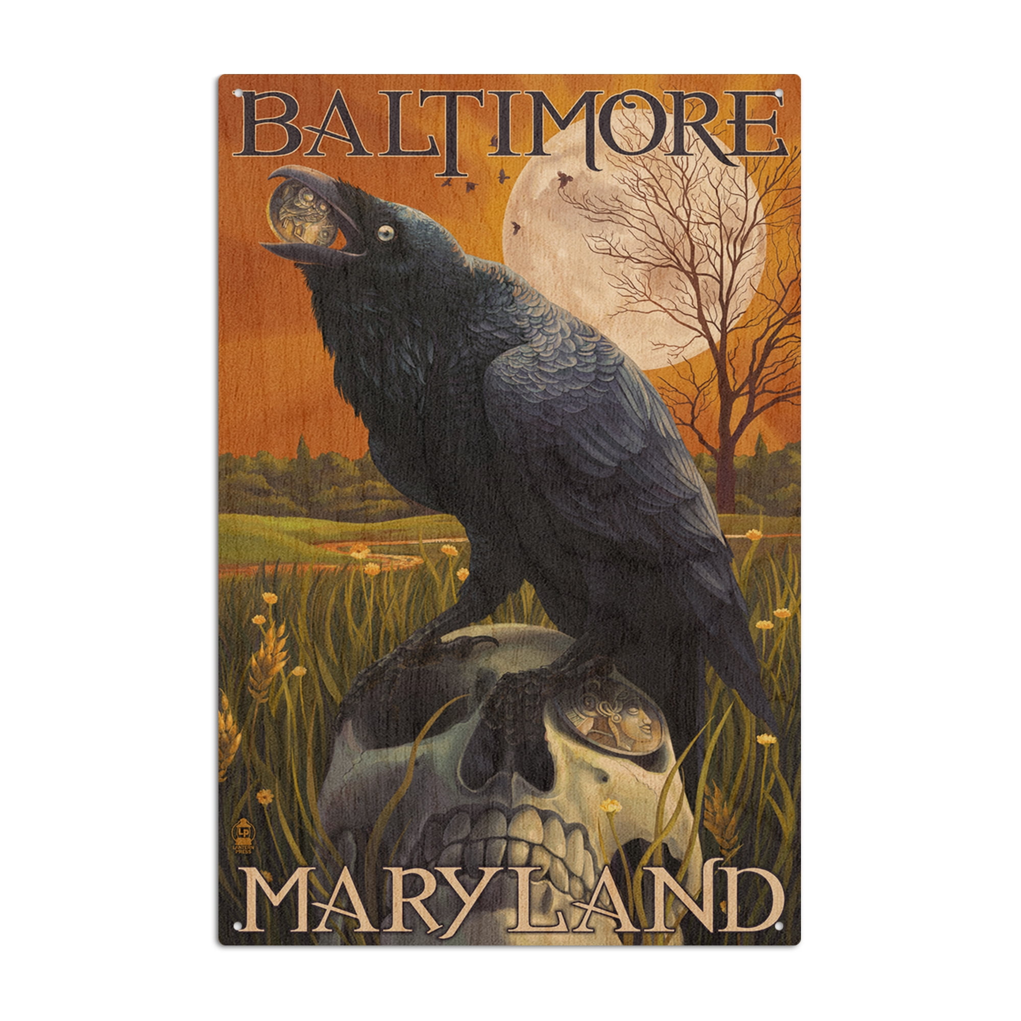 Baltimore, Maryland, Raven and Skull Birch Wood Wall Sign (6x9 Rustic ...