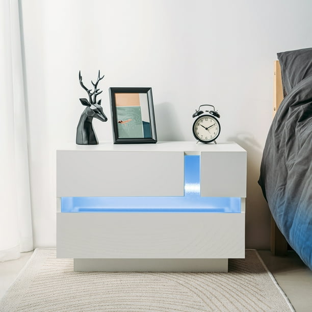 Hommpa LED Nightstand Modern Bedroom Bedside Table with 2 Drawers Wood ...