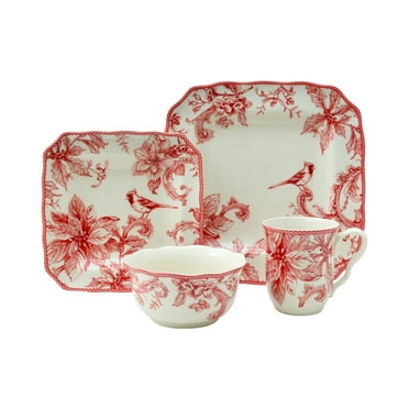 222 Fifth Holiday Wishes 12-Piece Porcelain Dinnerware Set, Red/Green ...