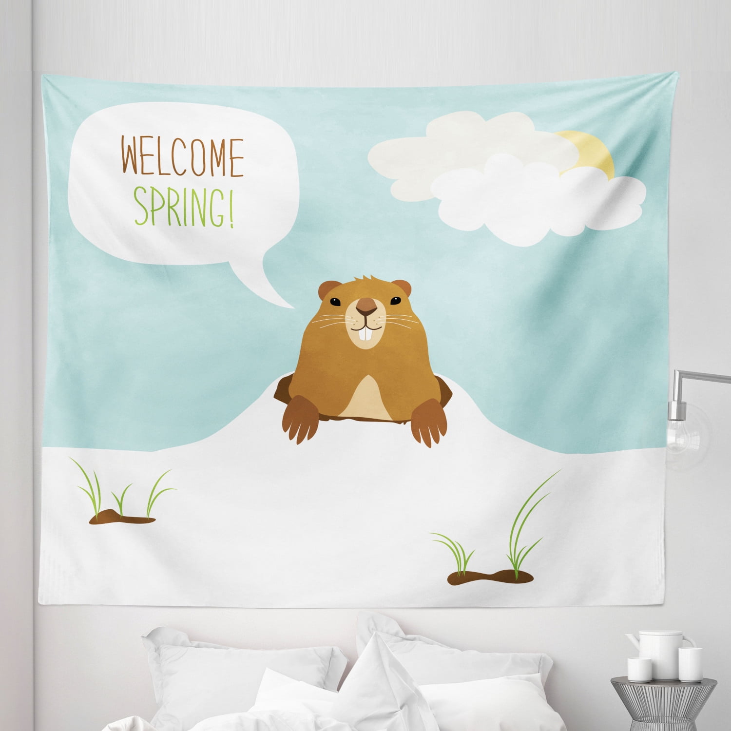 Groundhog Day Tapestry, Welcome Spring in Speech Bubble Funny Cartoon ...