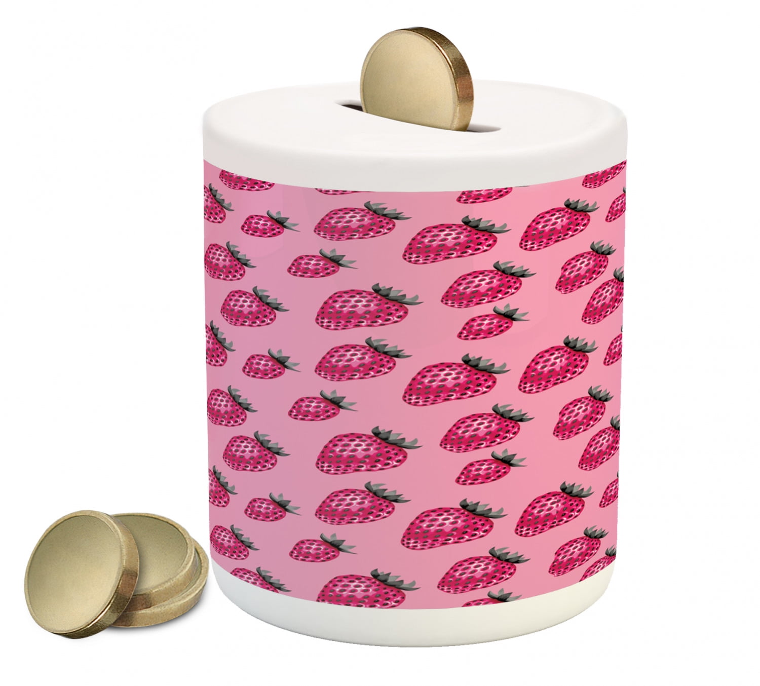 Fruit Piggy Bank, Pop Art Style Strawberry Pattern Vibrant Toned Retro ...