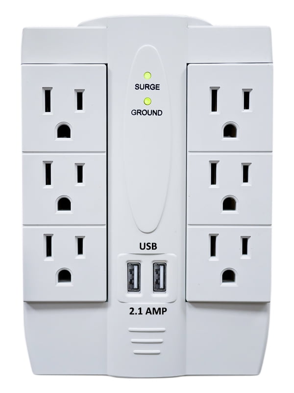 6 AC Outlet Power Surge Protector with 2 Ports USB Wall Charger 2.1Amp ...