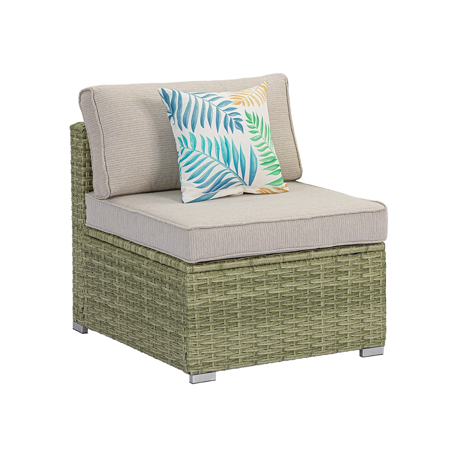 COSIEST Outdoor Green Wicker Armless Chair for with White Thick ...