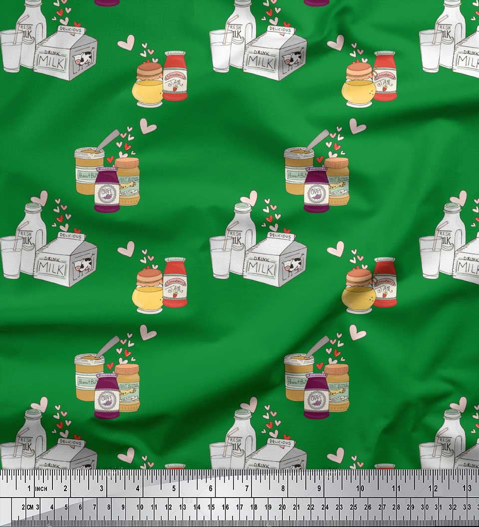 Soimoi Green Japan Crepe Satin Fabric Peanut Butter & Milk Bottle ...