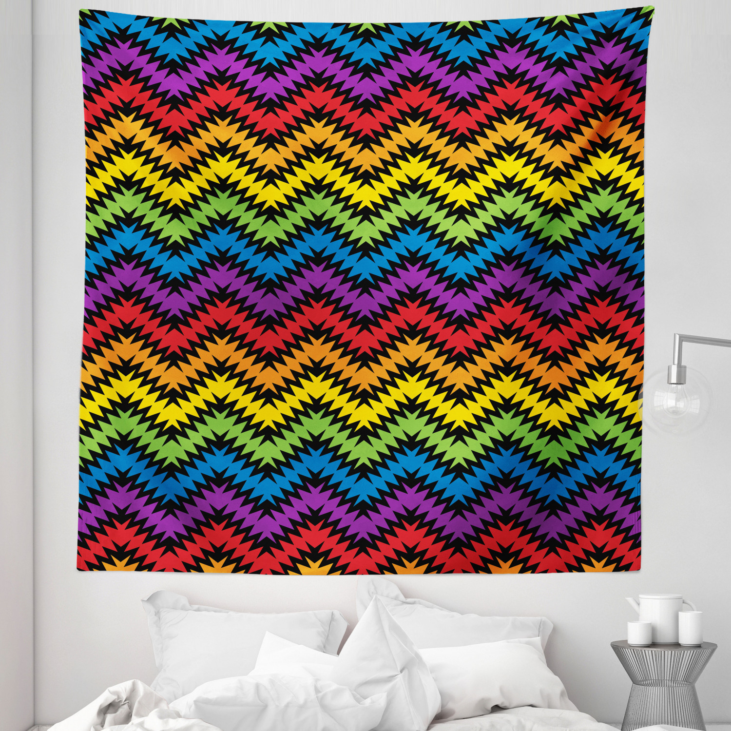 Chevron Tapestry, Jagged and Spiked Zigzag Pattern with Vibrant Rainbow ...