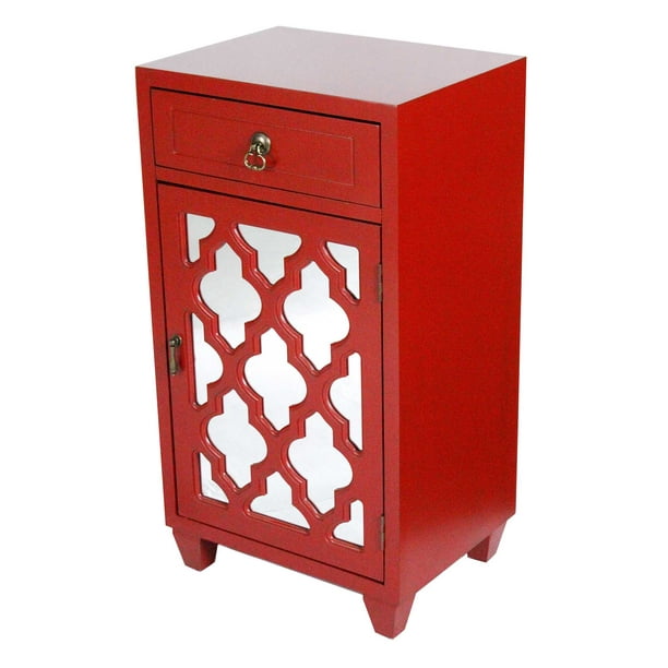 Red Wood Mirrored Glass Accent Cabinet with a Drawer, a Door ...