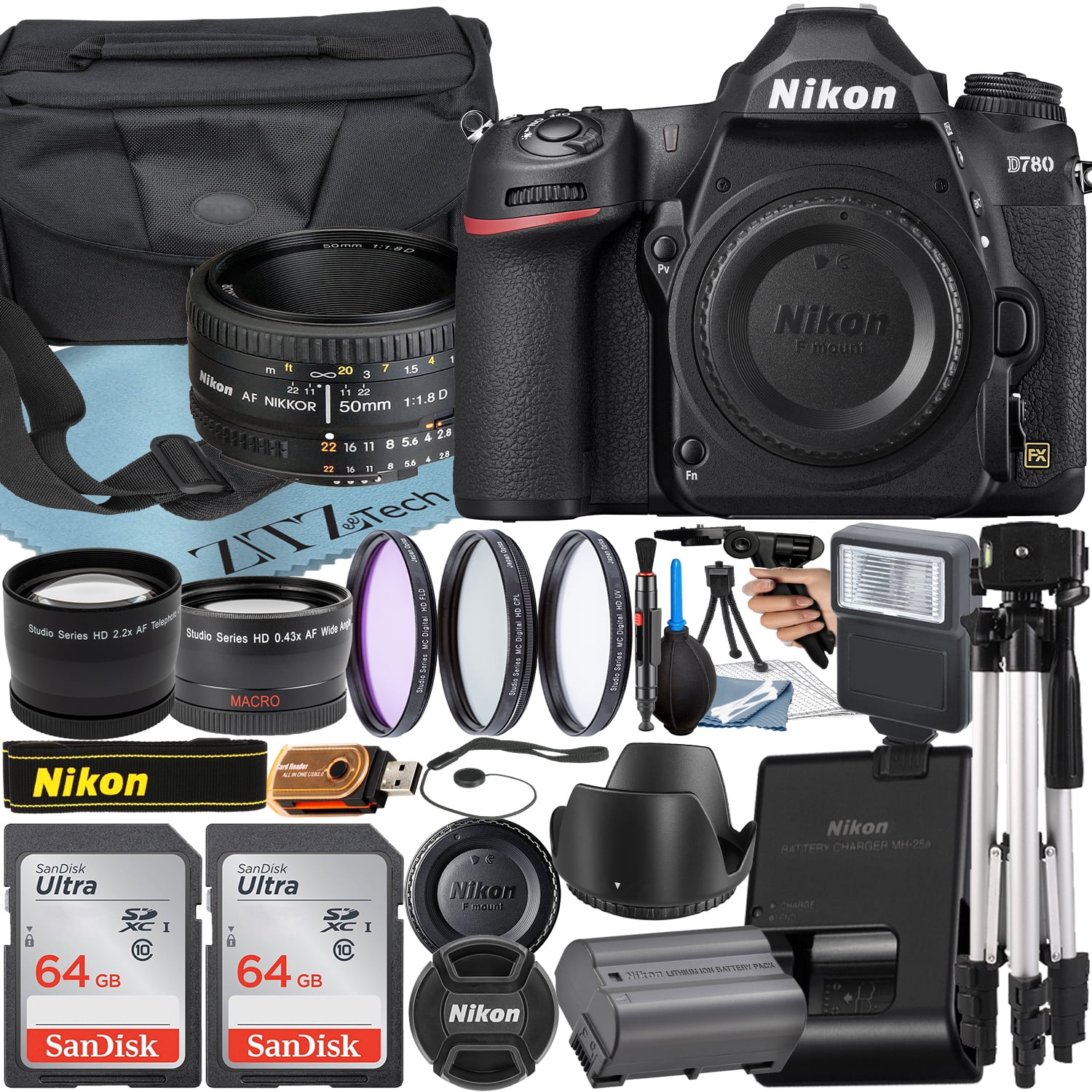 Nikon D780 24.5MP DSLR with 50mm Lens, 64GB Card, Case, Tripod, Wide ...