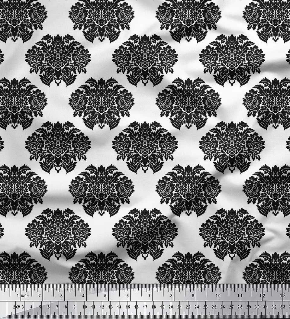 Soimoi Black Heavy Canvas Fabric Floral Damask Print Fabric by the Yard ...