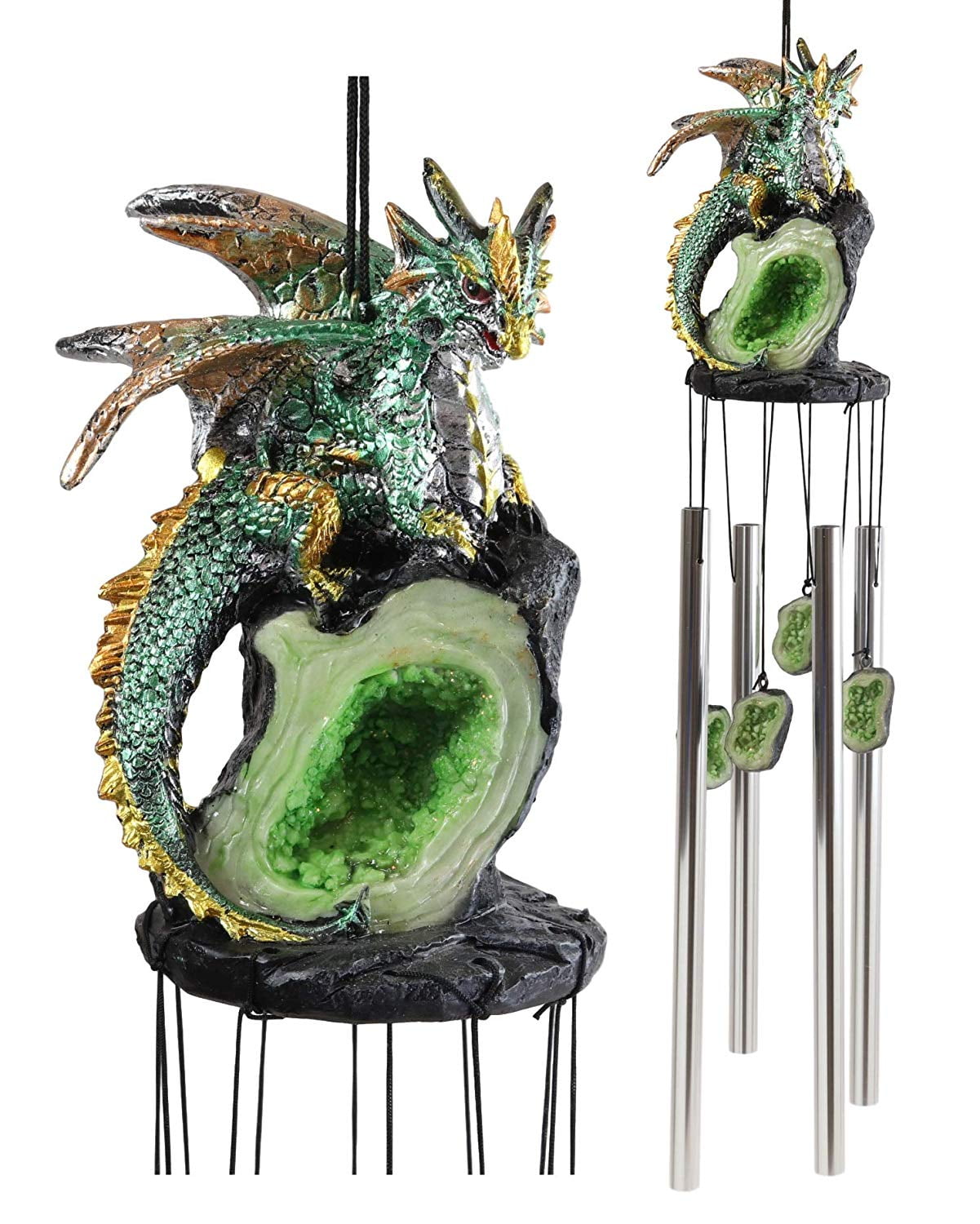 Medieval Green Dragon Guarding Emerald Crystal Geode Rock Figurine Wind ...