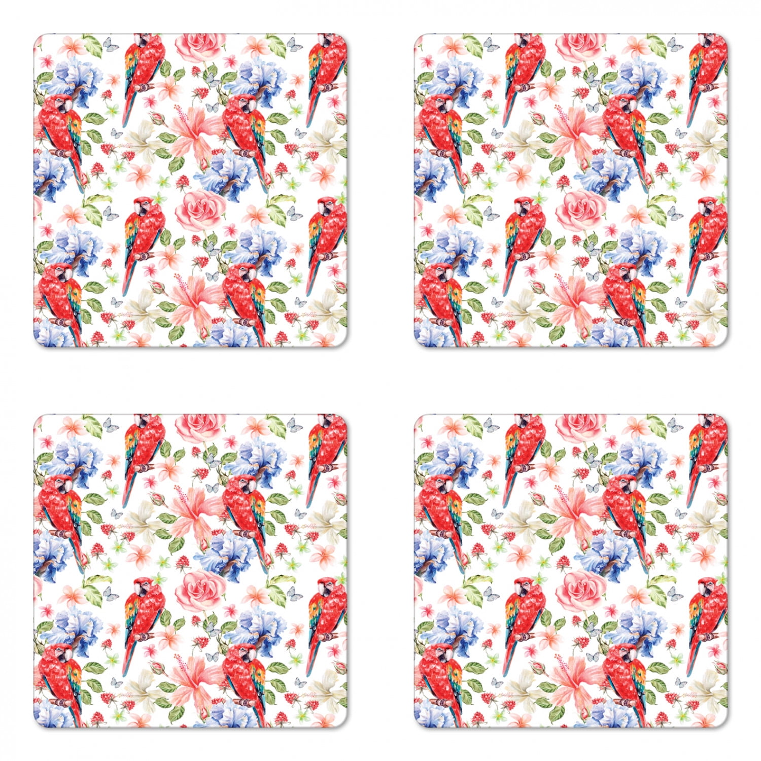 Parrot Coaster Set of 4, Pastel Colored Parrots Iris and Roses on Berry ...