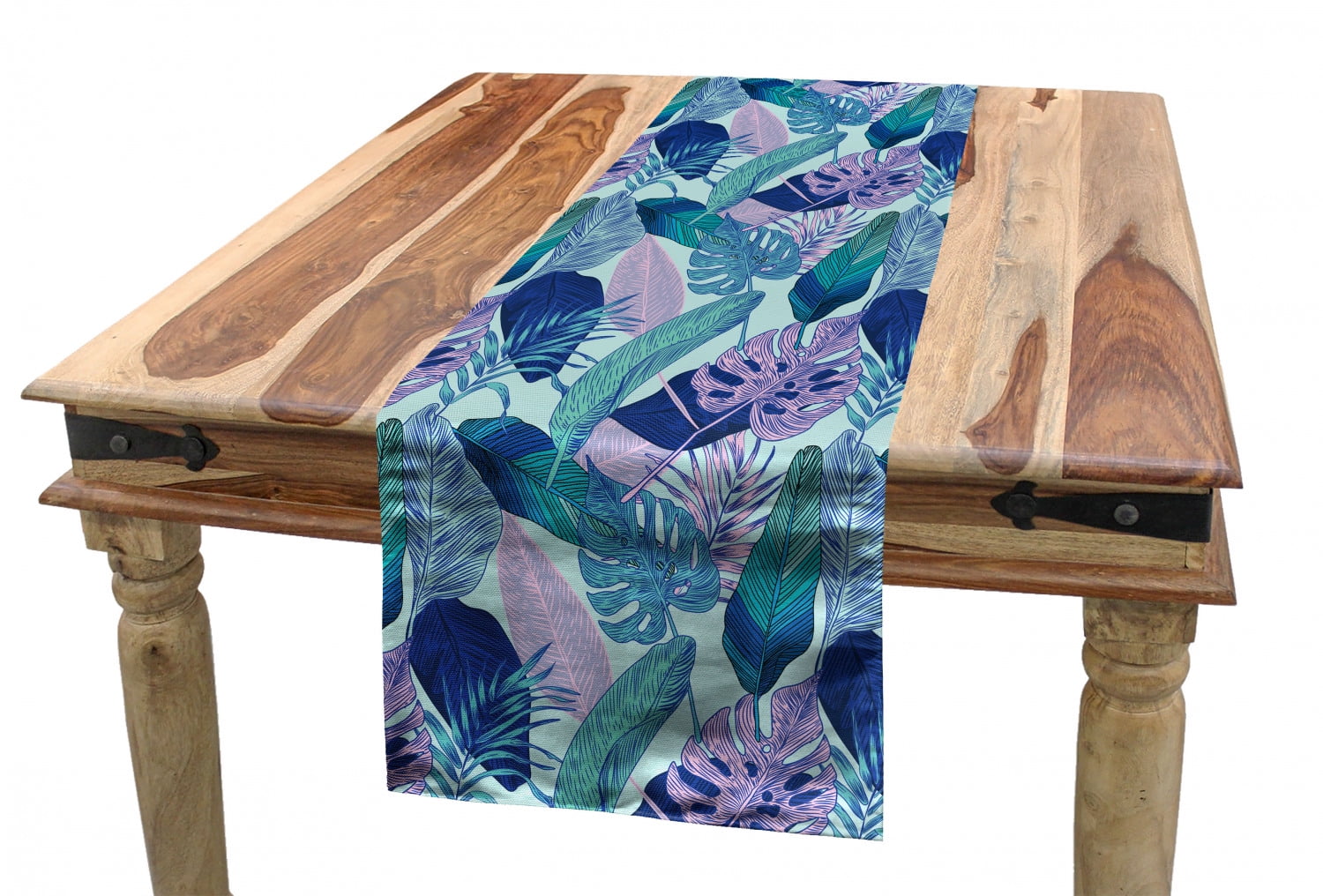 Tropical Table Runner, Wild Habitat of Detailed Exotic Leaves Depicted ...