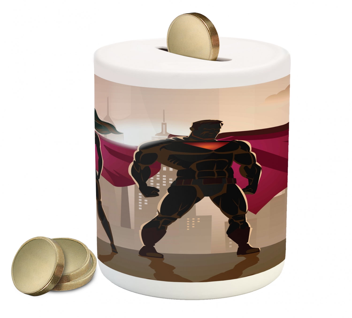 Superhero Piggy Bank, Super Woman and Man Heroes in City Solving Crime ...