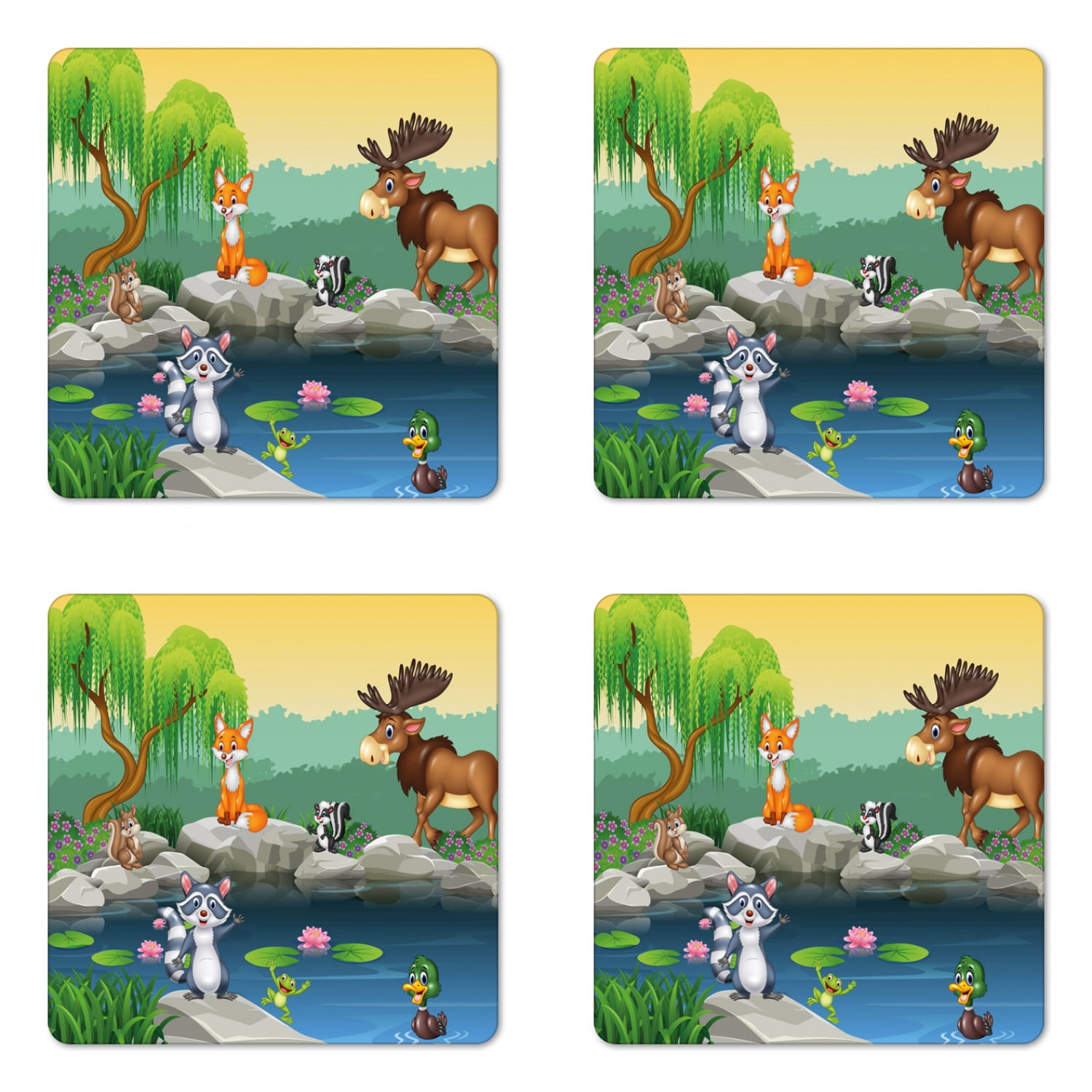 Cartoon Coaster Set of 4, Funny Mascots Animals by the Lake Moose Fox ...