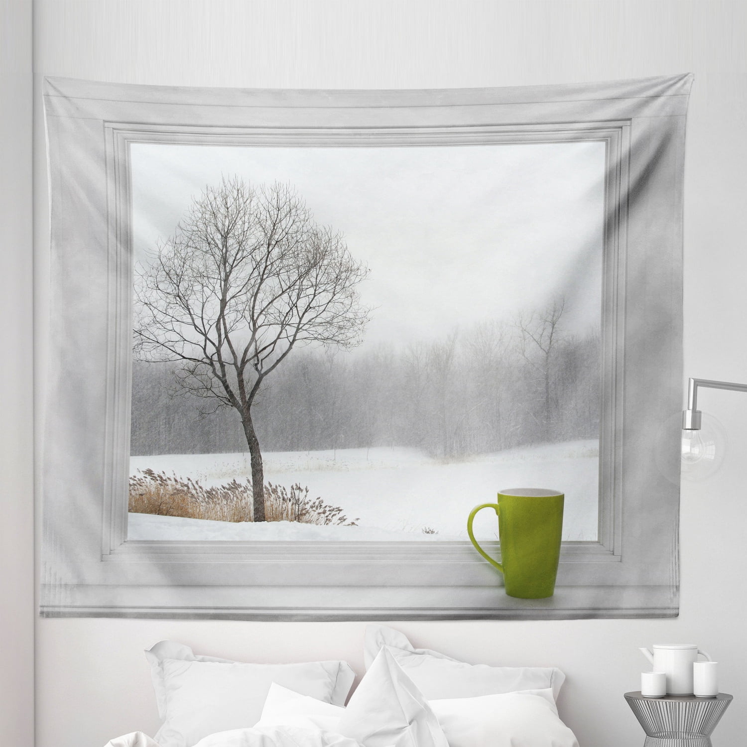 Winter Tapestry, Green Teacup on Windowsill Forest Outdoors Snowstorm ...