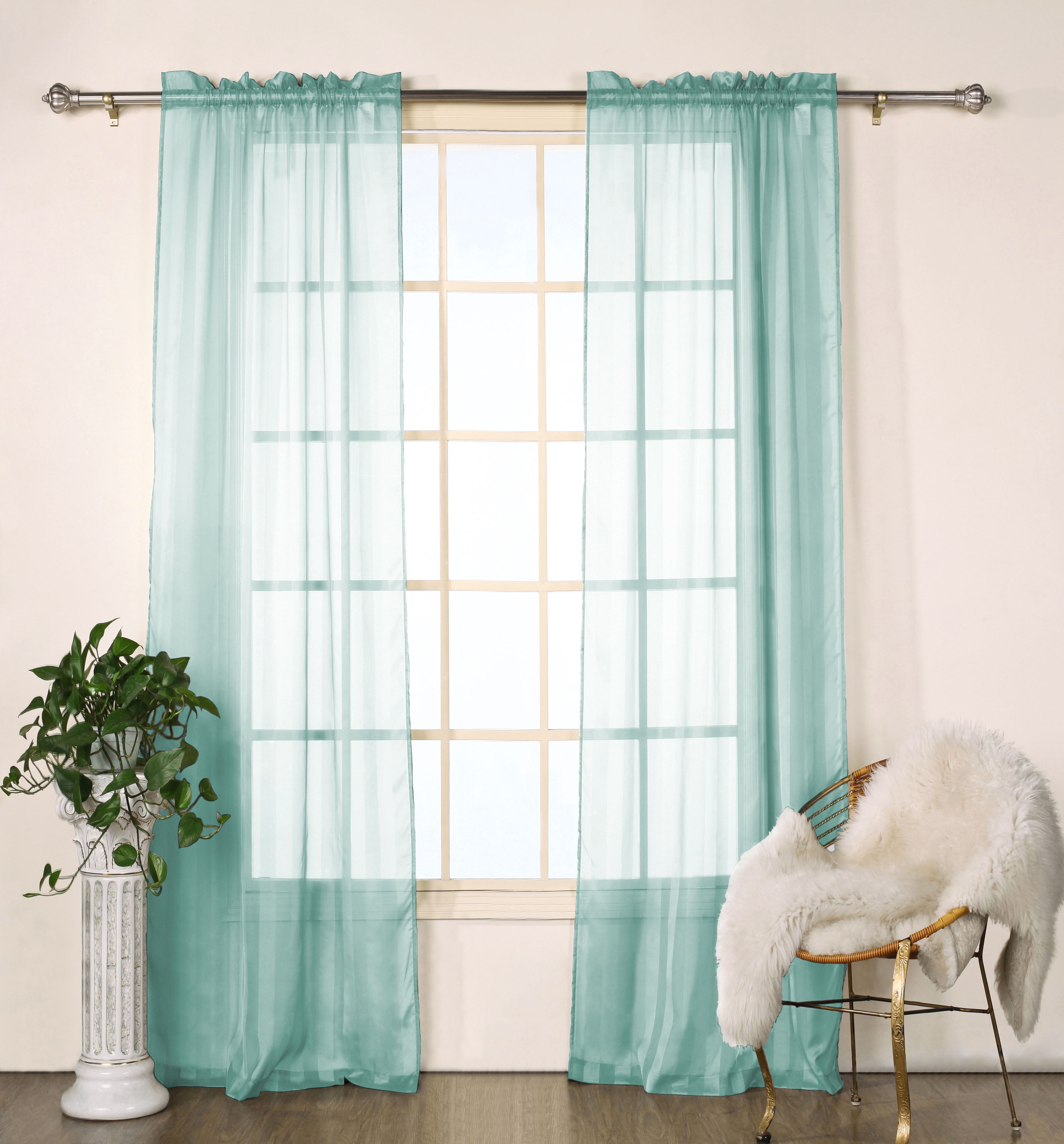 Set of Two (2) Sheer Window Curtain Panels: Turquoise Satin Stripe, 76 ...