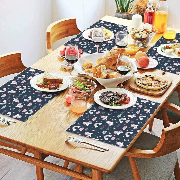 Unicorn and Rainbow Blue Pattern Linen-look Placemats Set Of 4 ...