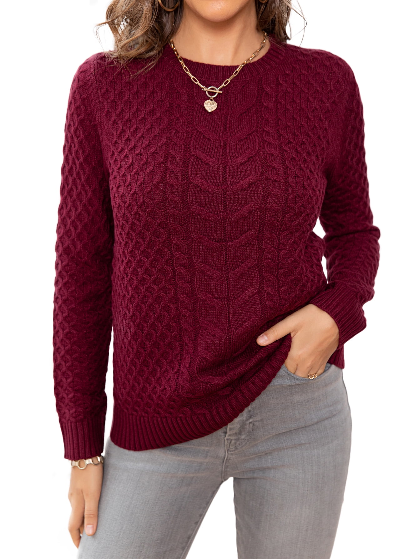 CALIPESSA Women's Long Sleeve Cable Knit Red Sweater, Casual Loose ...