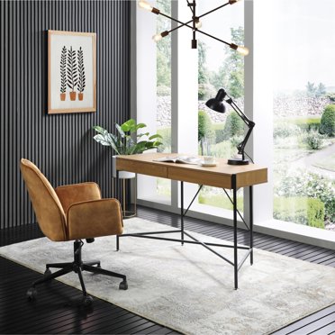 Jazlynn Rectangular MDF Desk with 1 Drawer and Shelves, Natural/White ...