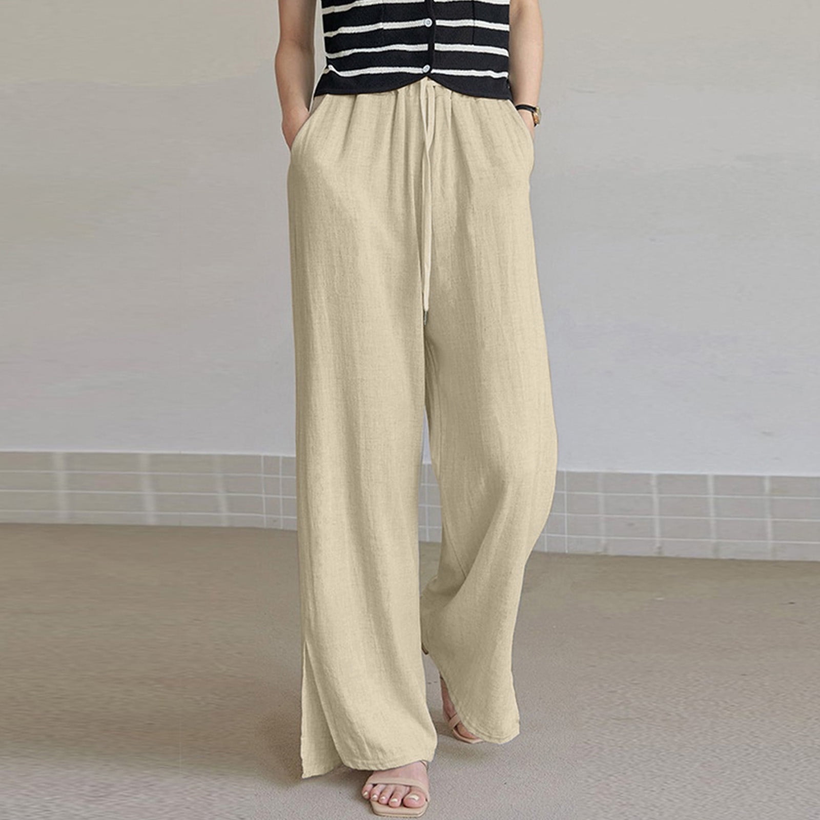 Tdoqot Womens Chino Pants- Comfy Drawstring Casual Wide Leg Pants Beige ...