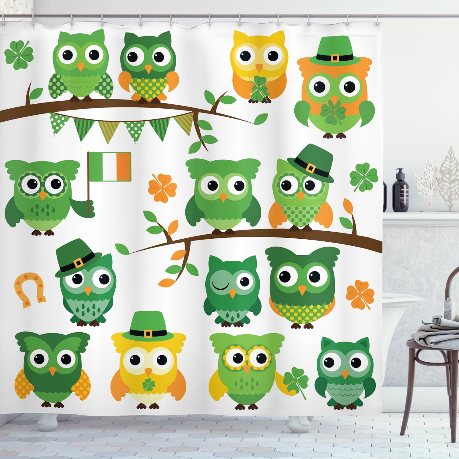 St Patricks Day Shower Curtain Irish Owls With Leprechaun Hats On