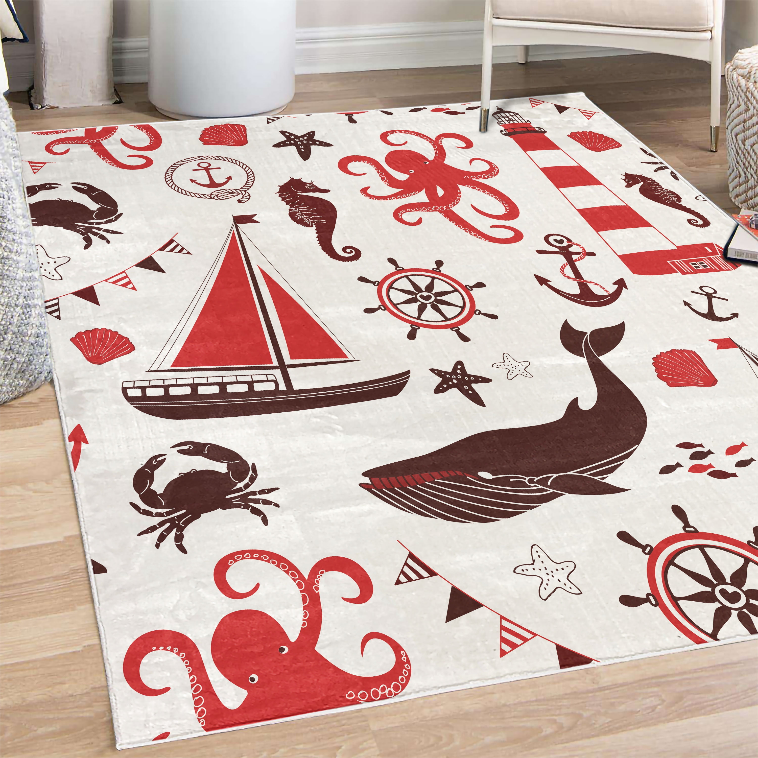 Nautical Decorative Rug, Pastel Colored Composition of Lighthouse ...