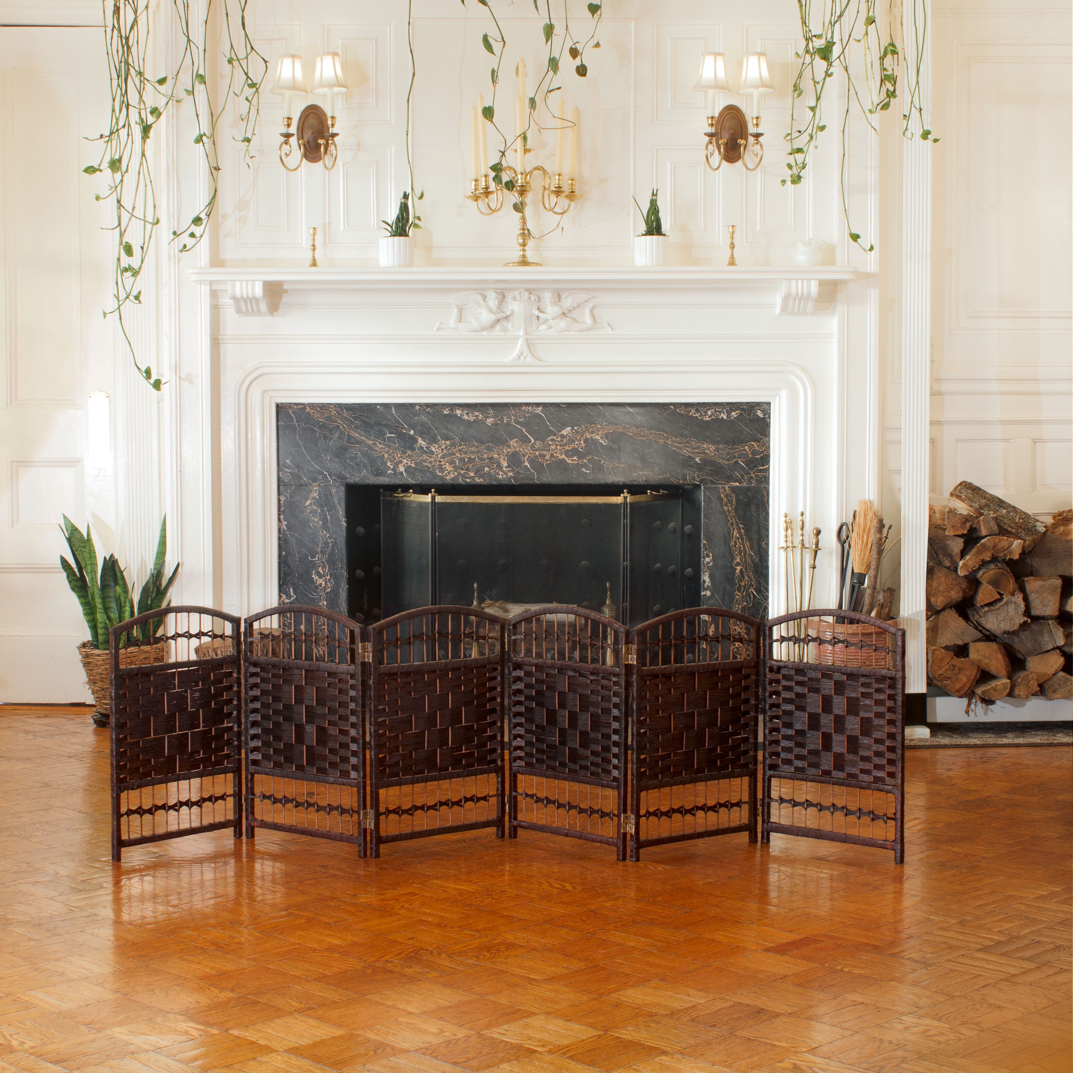 2 ft. Short Fiber Weave Folding Screen - Dark Mocha - 6 Panels ...