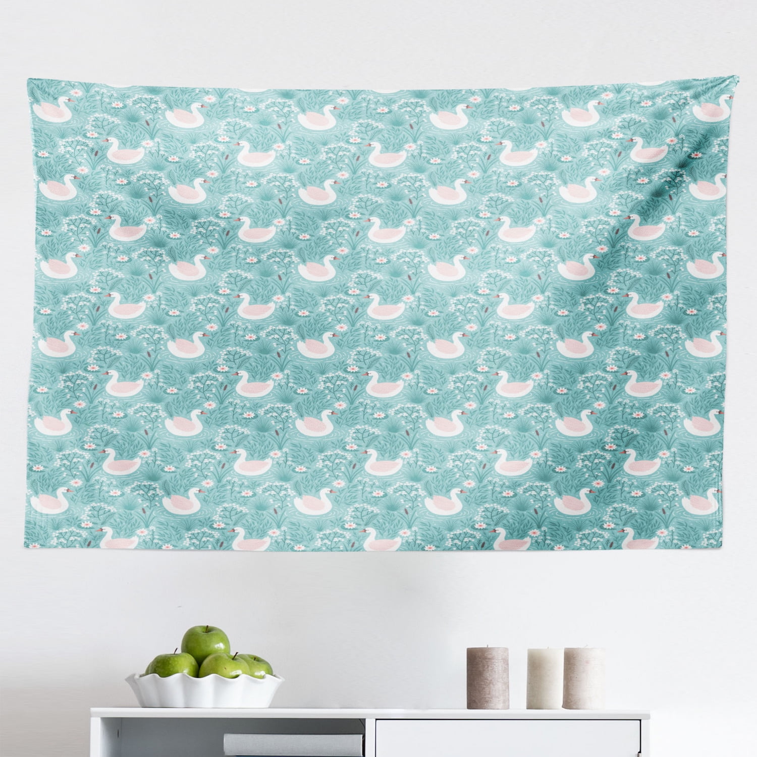 Swans Tapestry, Repetitive Spring Blooming Gracious Animal Floral Print ...