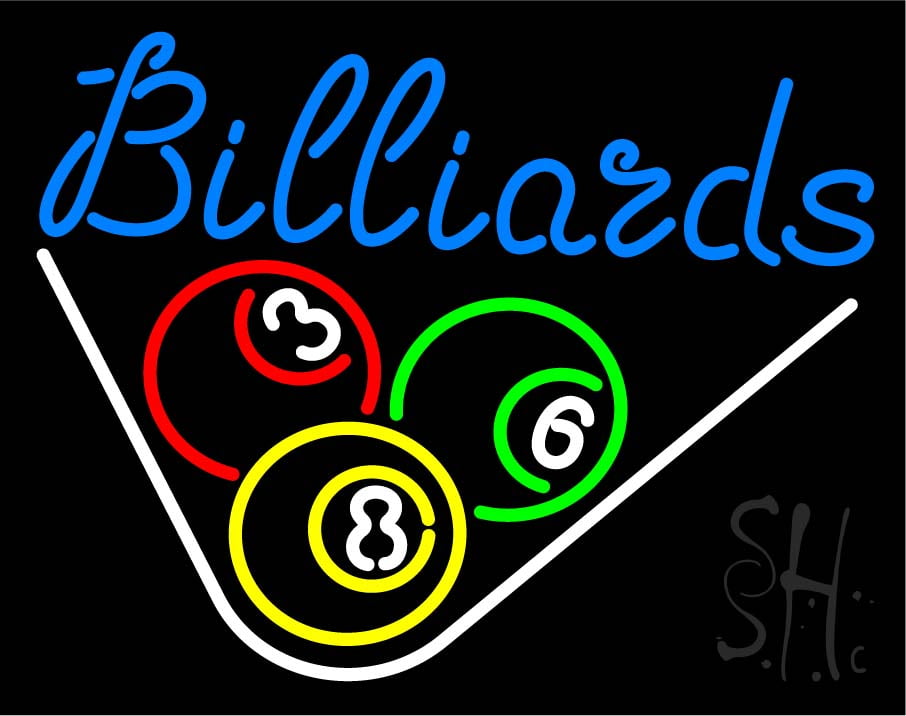 Billiards LED Neon Sign 24" Tall x 31" Wide - inches Black Square Cut ...