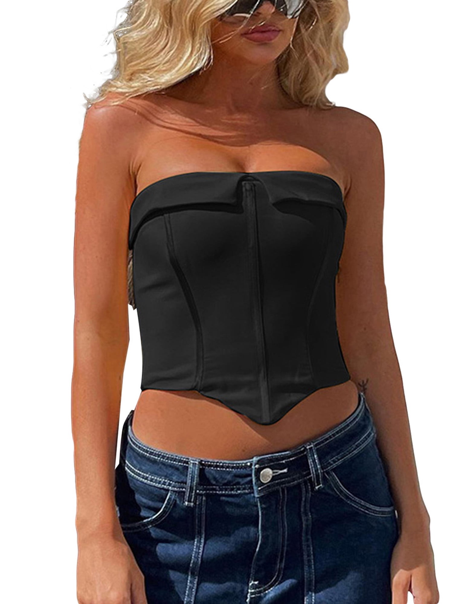 Sunisery Women Sexy Corset Tops Spaghetti Strap Low Cut Crop Tops Off