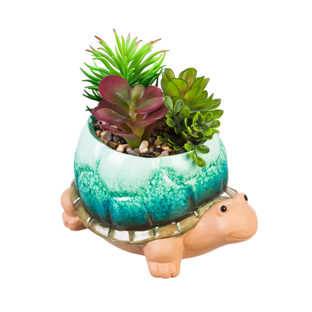 Evergreen Ceramic Turtle Planter with Succulent, 7.1''x 4.7'' x 3.9 ...