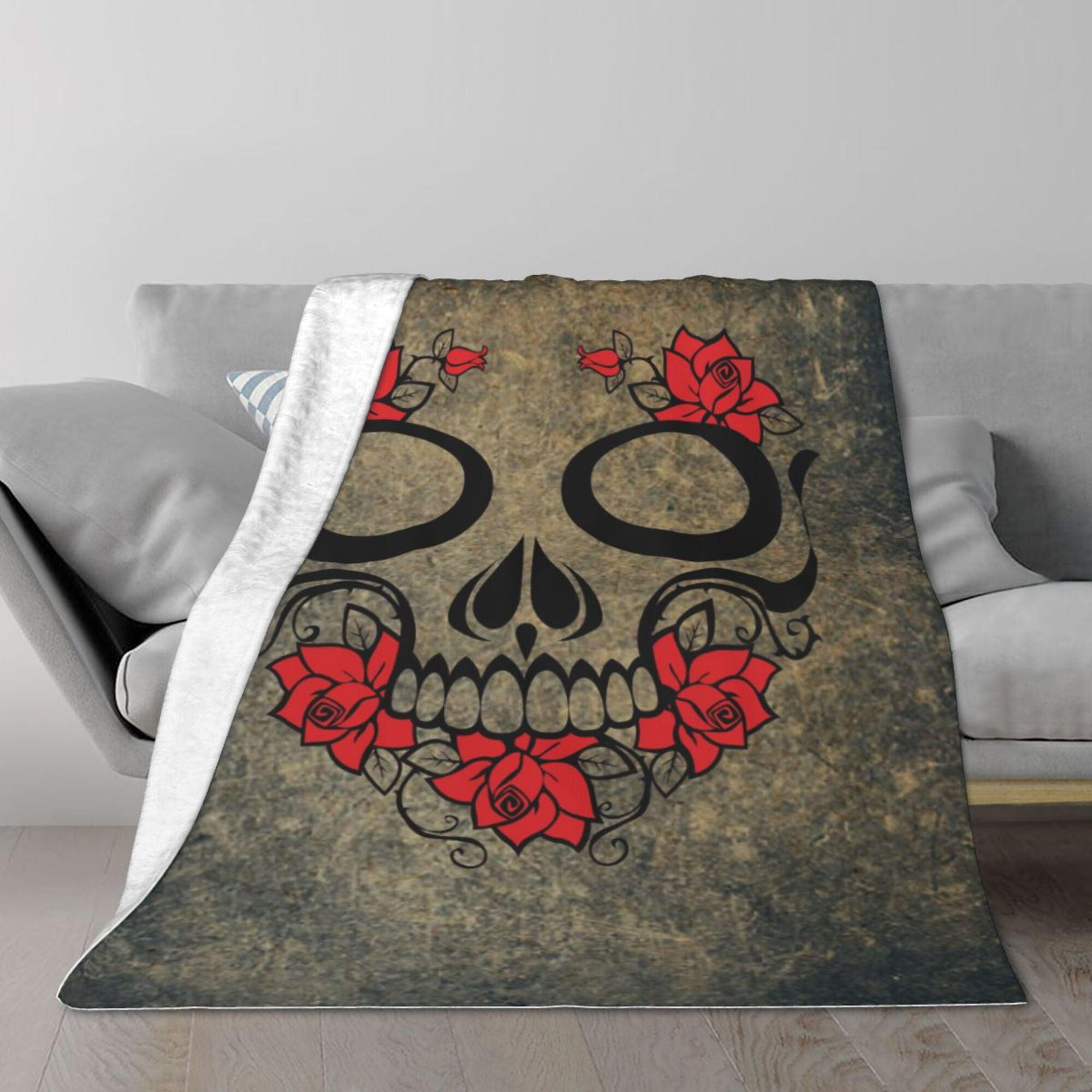 TEQUAN Double Layer Plush Bed Blanket, Rose Skull Death Bone Pattern ...