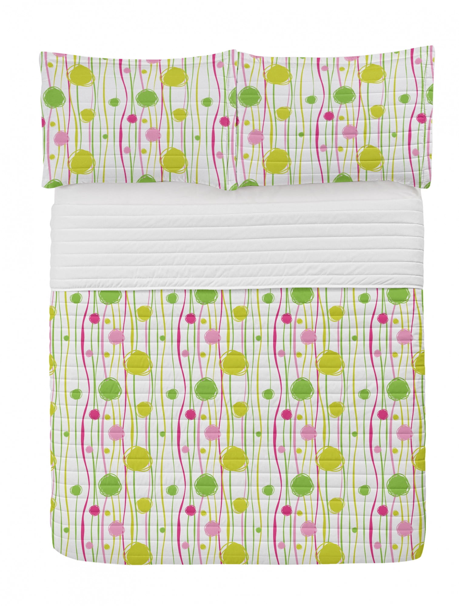 Green and Pink Microfiber Bedspread Set, Doodle Style Random Wavy ...