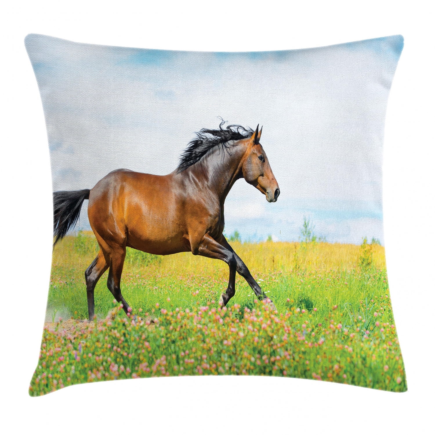Equestrian Throw Pillow Cushion Cover, Horse Runs Gallop on Flower ...