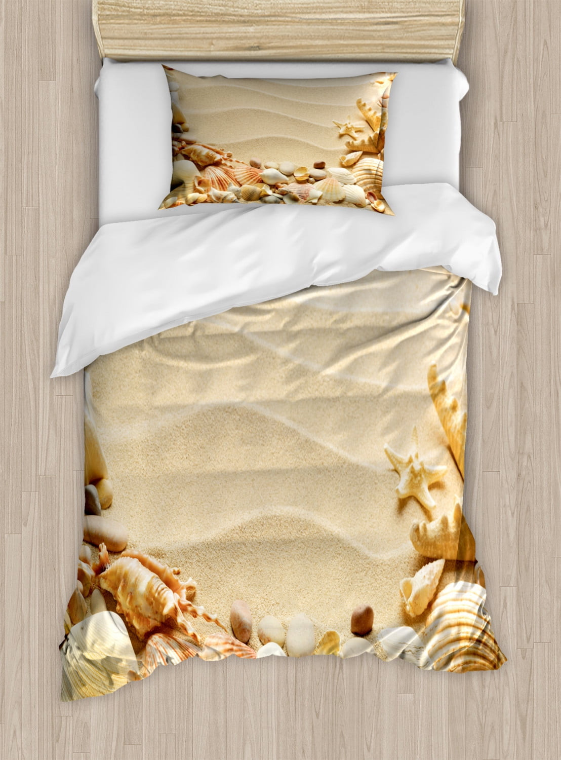 Shell Duvet Cover Set Twin Size, Seashells Frame with Sand Exotic ...