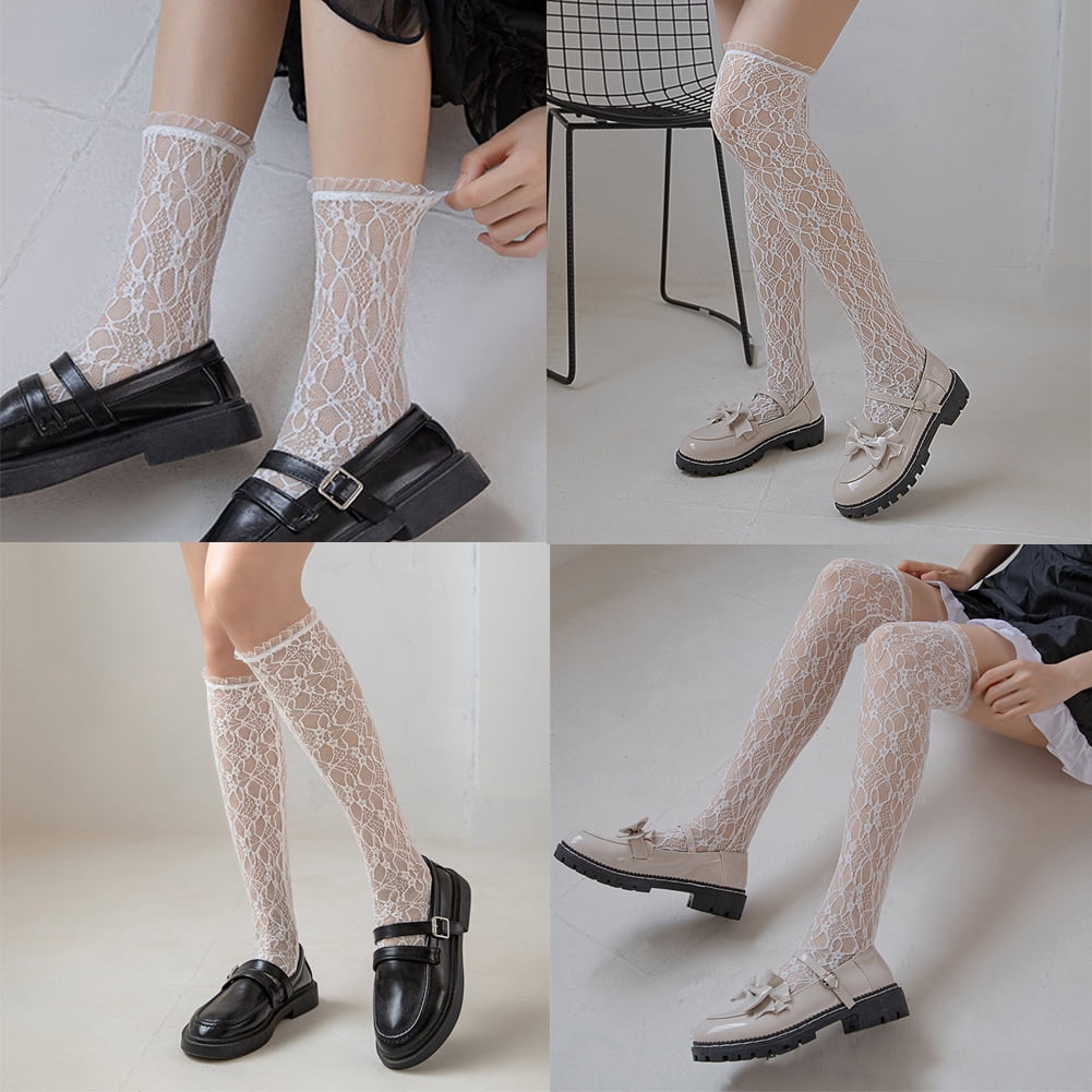Shenmeida 4 Pairs Women Ultra Thin Lace Flower Embroidery Lolita Style ...