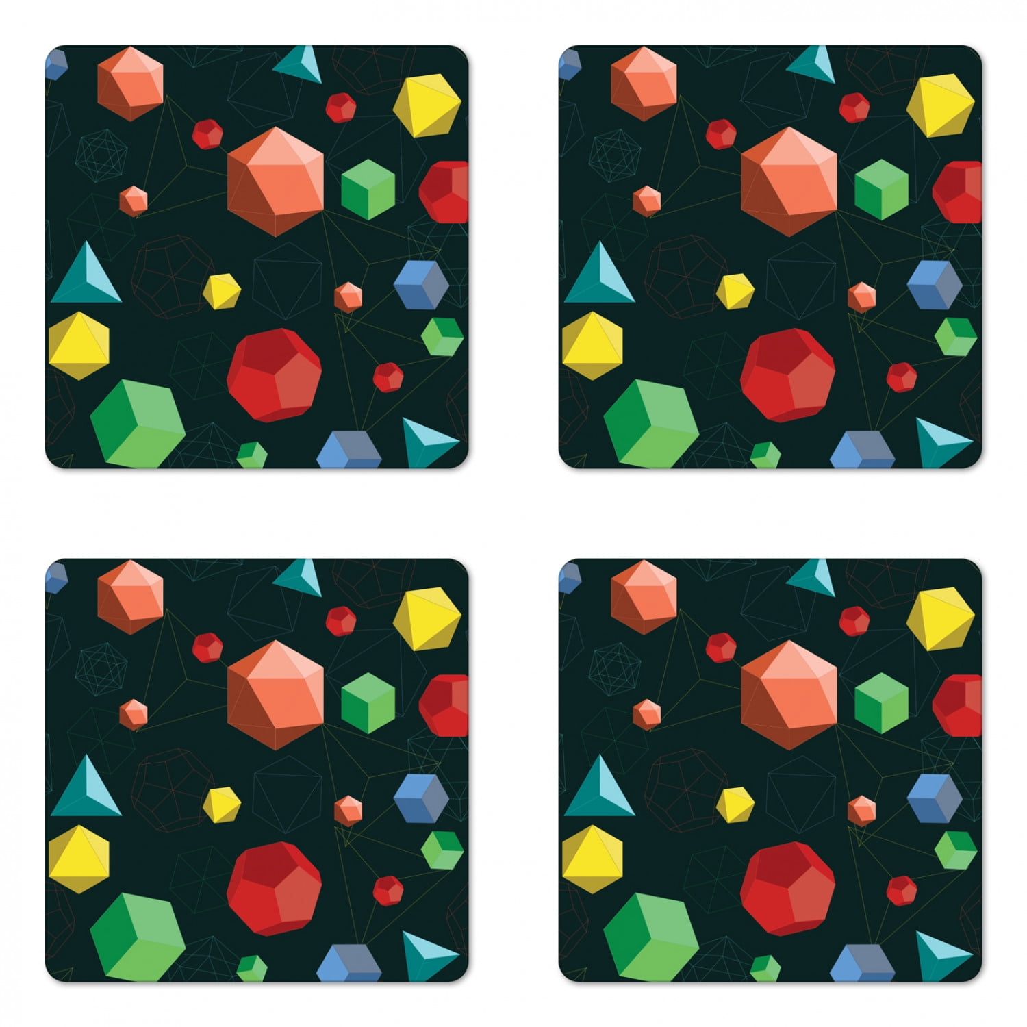 Geometric Coaster Set of 4, Geometric 3D Styled Shapes in Vivid Colors ...