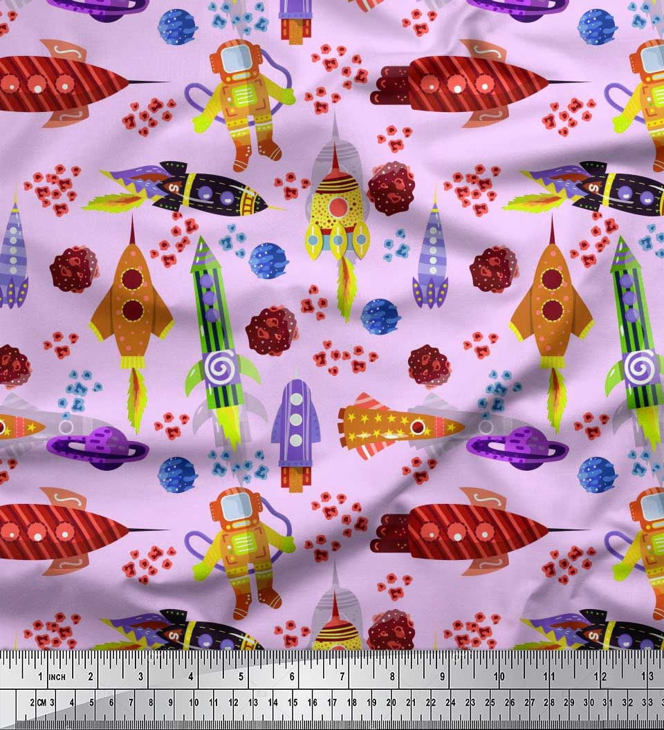 Soimoi Satin Silk Fabric Rocket,Planet & Astronaut Cartoon Printed ...