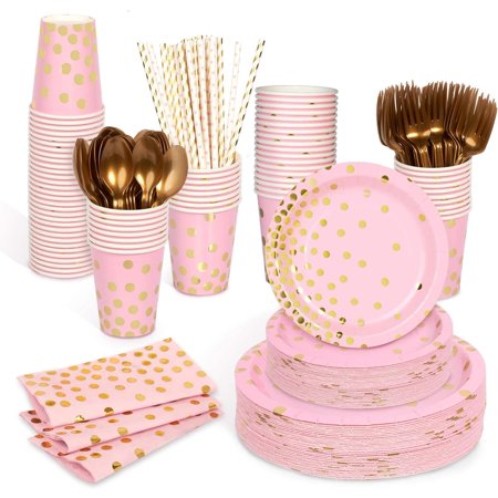 Pink Paper Plates Serve 50, Party Plates and Drinking Straws Included ...