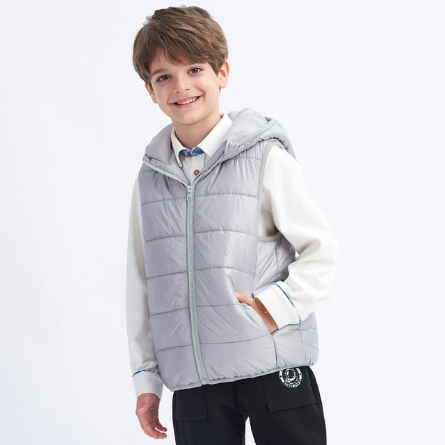 IKALI Boys Puffer Vest Kids Winter Hooded Jacket Lightweight with Pockets Gray 3-12 Years ...