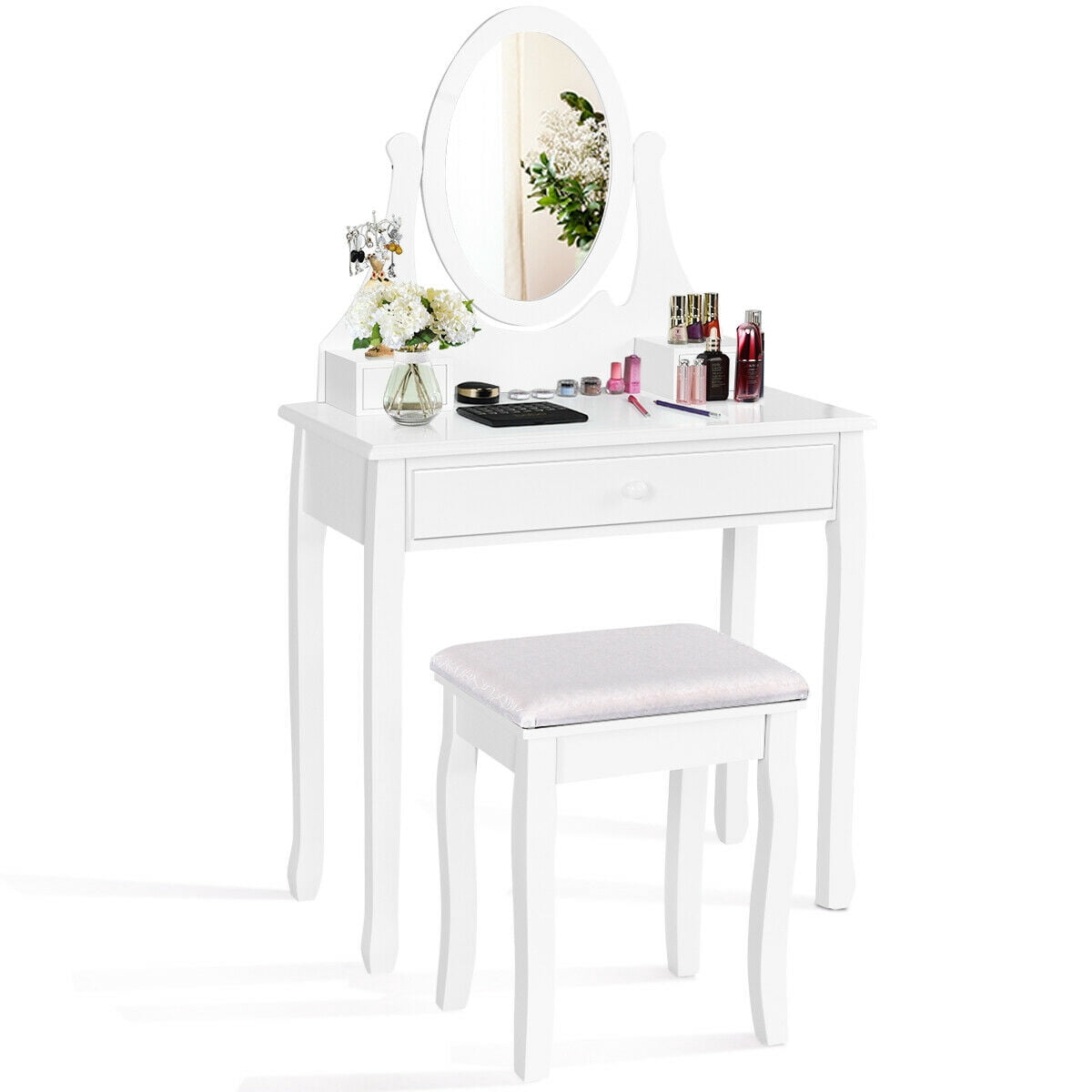 Gymax Fashion Bedroom Wooden Mirrored Makeup Vanity Set Stool Table Set ...