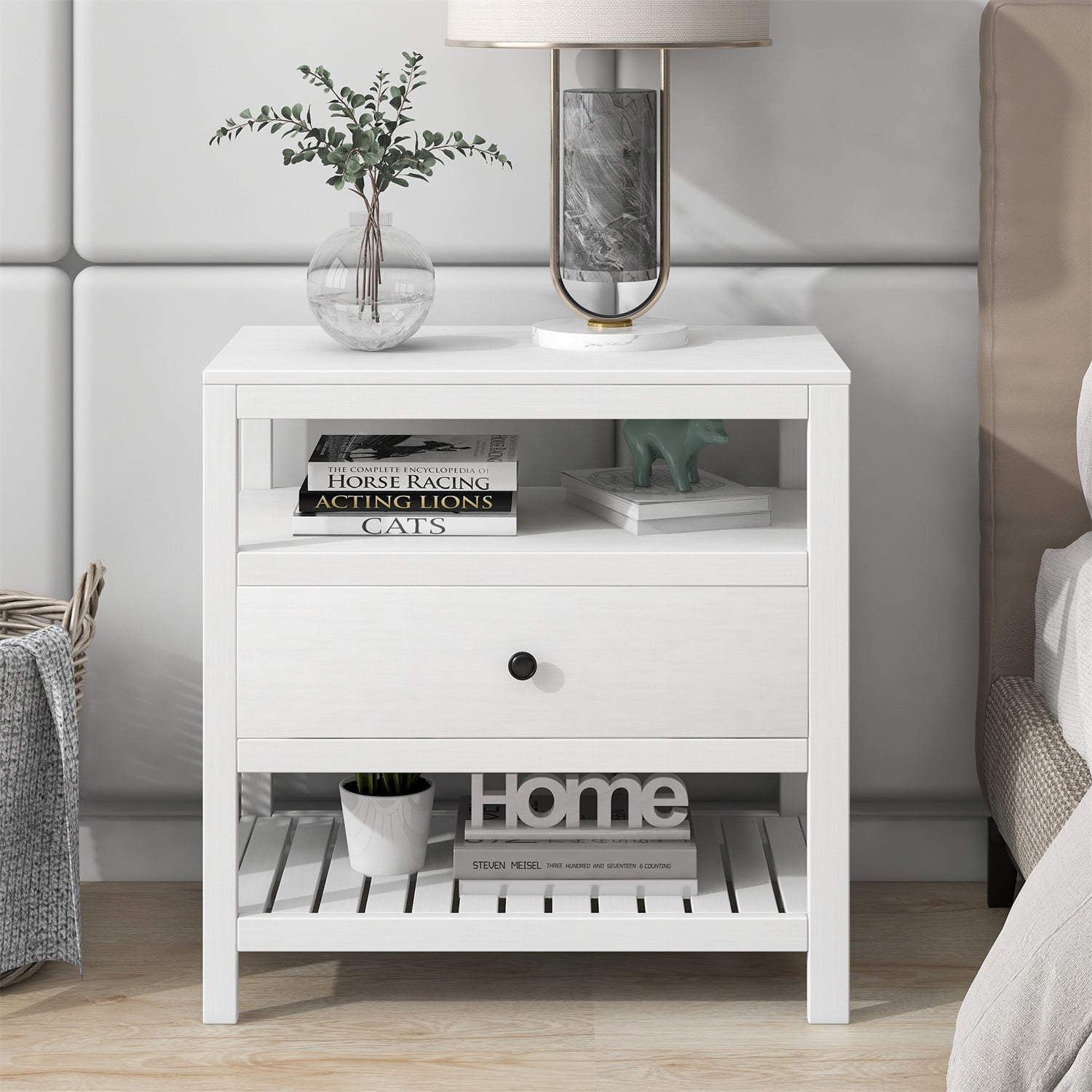 White Nightsatnd, Modern Wooden End Table with Drawer and Open Shelves ...