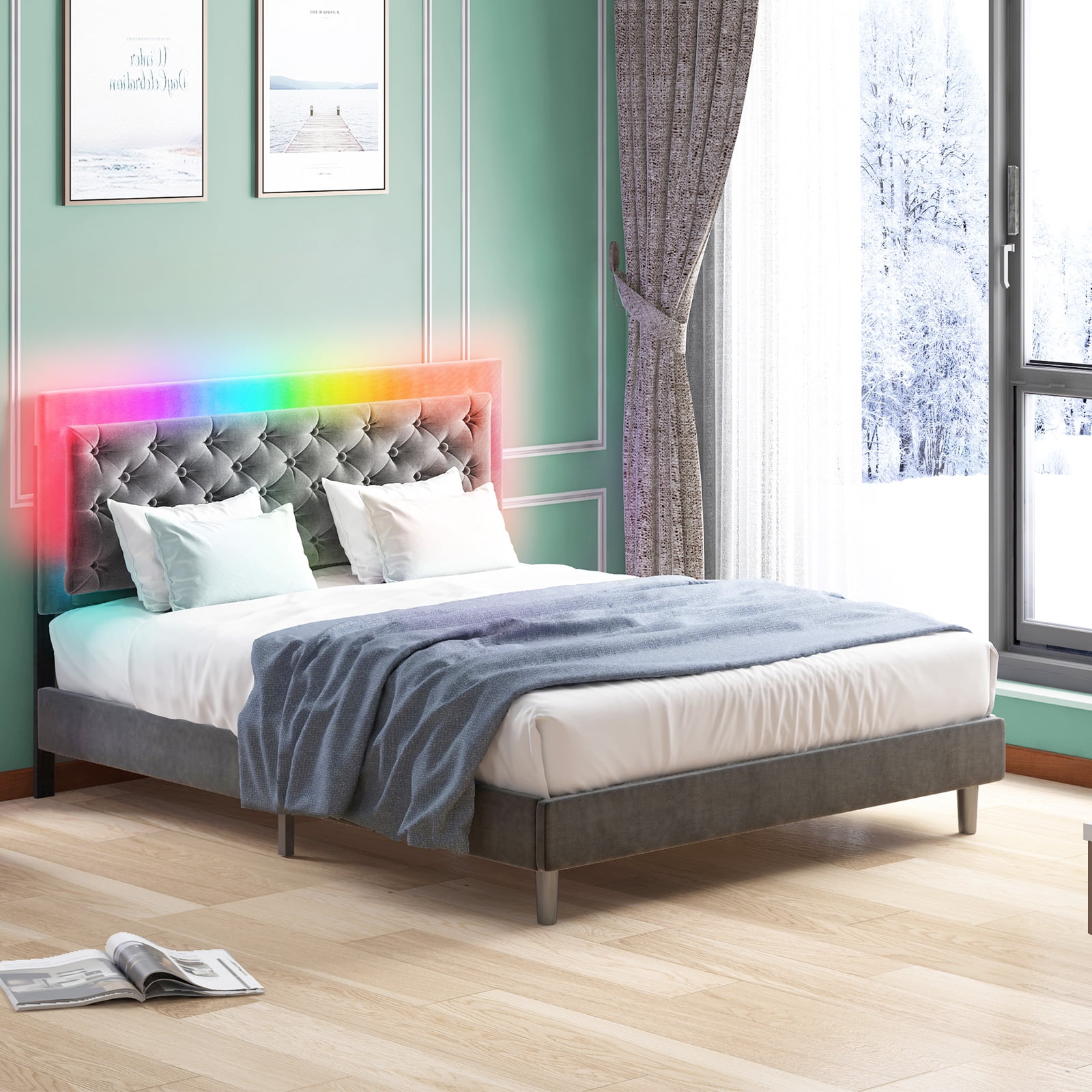 MUZZ LED Bed with Adjustable Headboard - Modern Velvet Platform Bed ...