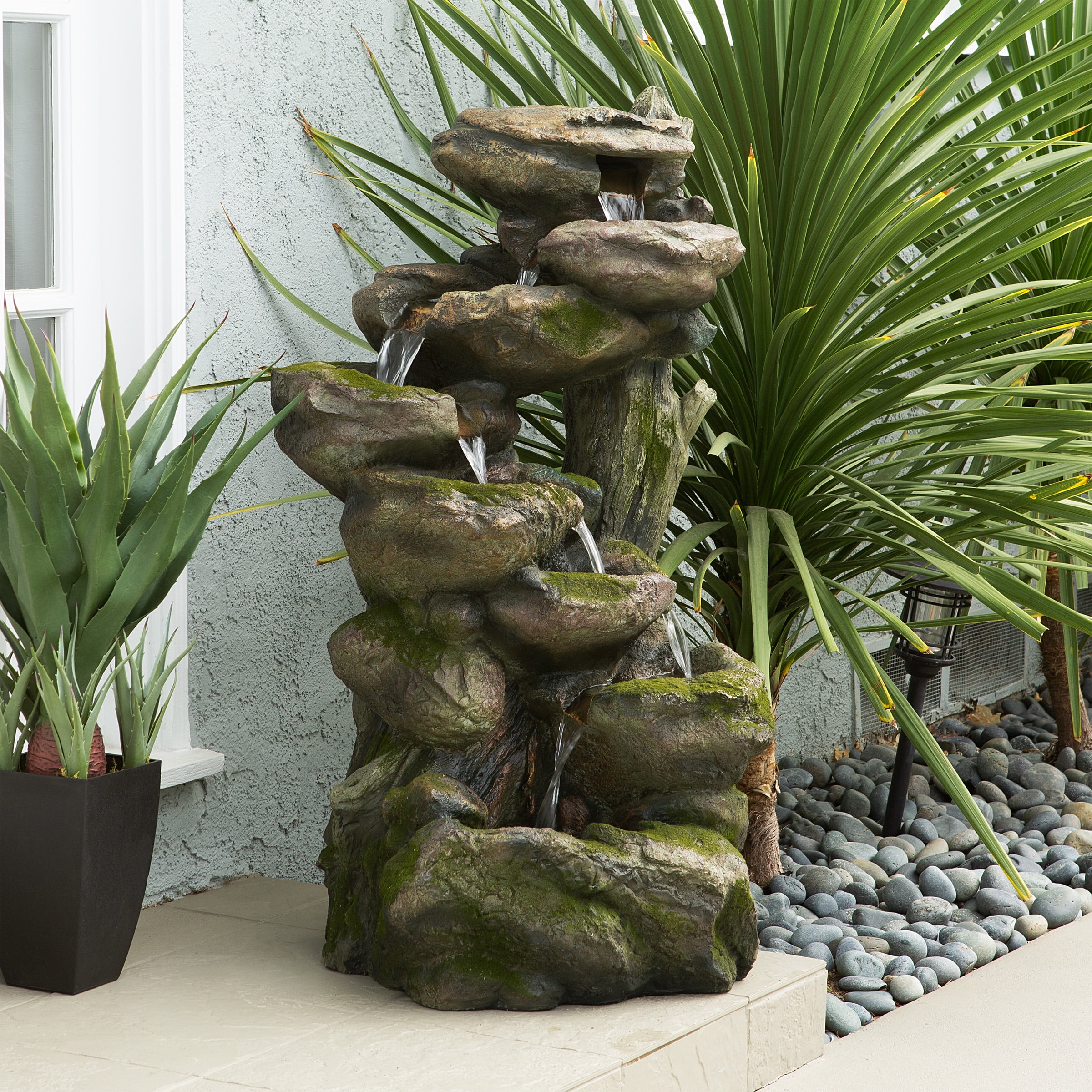 Alpine Corporation 39-Inch Outdoor 6-Tier Stone Fountain with LED ...