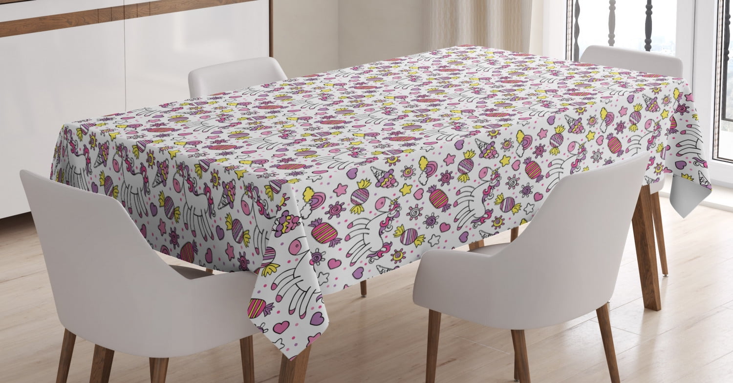 Kids Tablecloth, Cute Childish Unicorn Motif with Ice Cream Candies ...