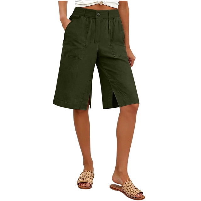 HongQid Cotton Linen Womens Bermuda Shorts Dressy Wide Leg Summer ...