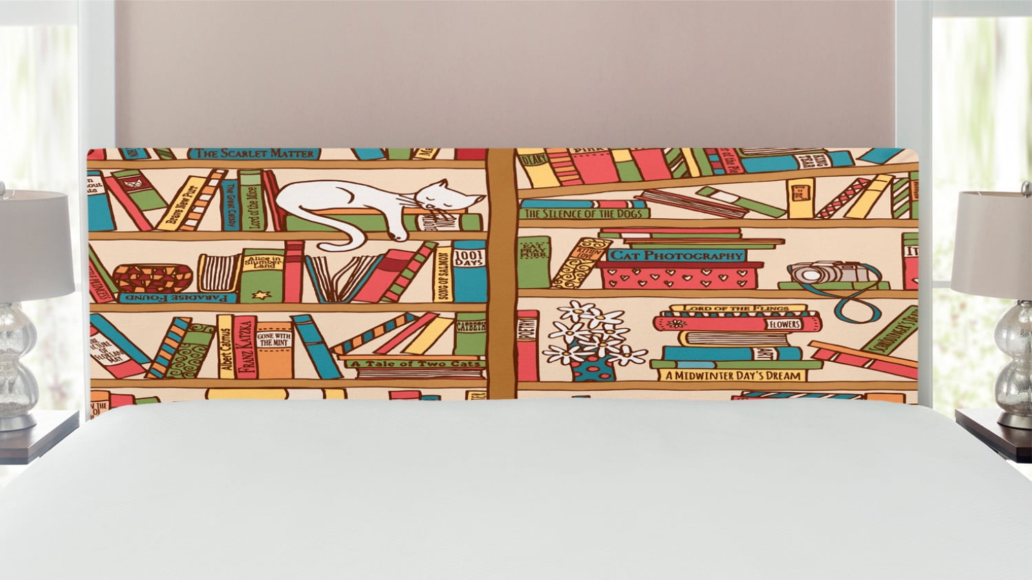 Cat Headboard, Nerd Book Lover Kitty Sleeping over Bookshelf Library ...